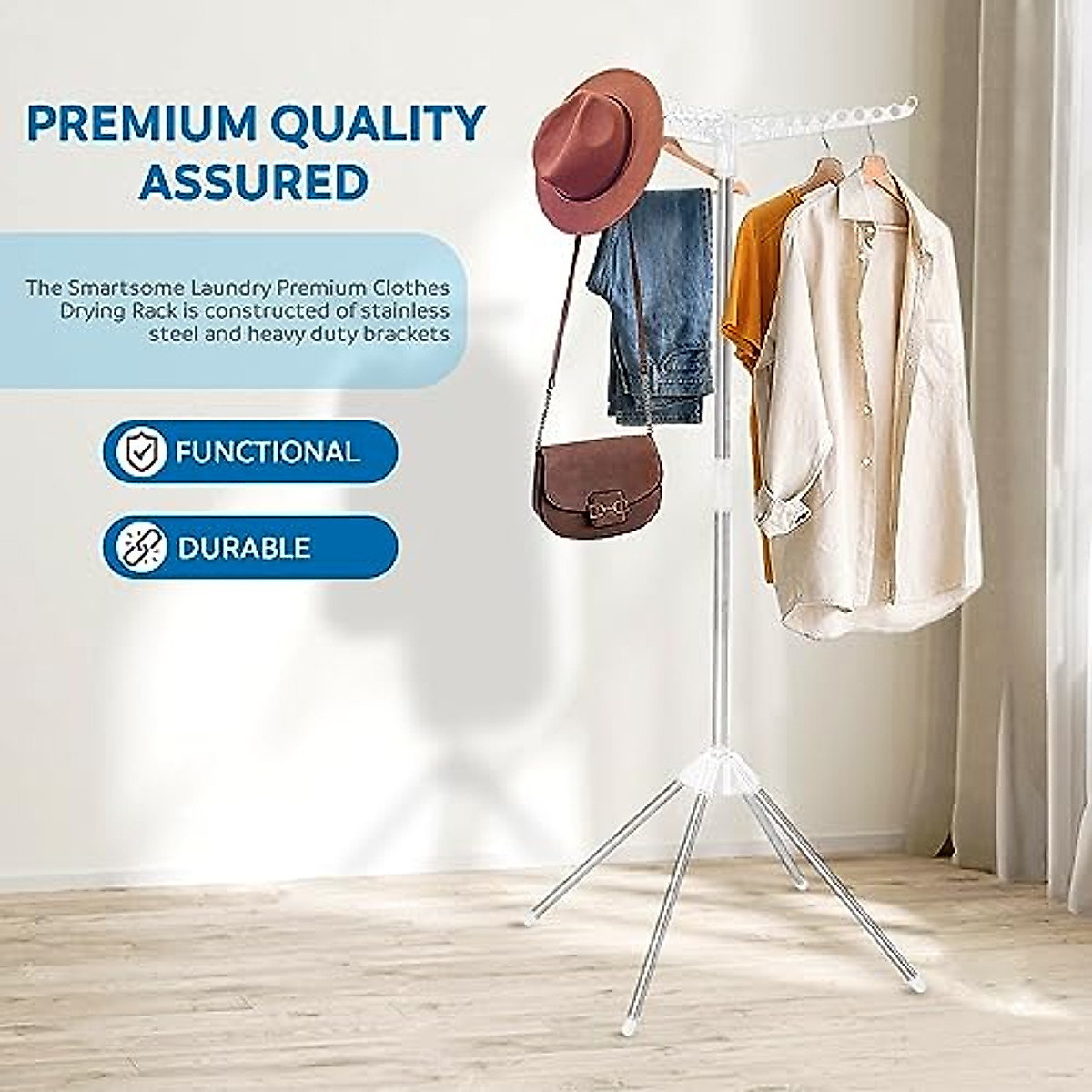 Laundry Drying Rack Foldable 59 Inch Clothes Drying Rack, 3 Rotatable Arms & 4 Sturdy Legs, Folding Clothes Racks for Hanging Clothes in Small Areas (White)