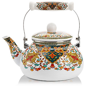 Lyellfe 2.6 Quart Enamel Tea Kettle Stovetop, Vintage Anti Rust Teapot Enameled Teakettle with Porcelain Cool Handle, Hot Water Kettle, Retro Decor, No Whistling