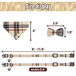 Bow Tie Cat Collar Bandana - 2 Packs Classic Plaid Check Ginham Cat Collars with Scarf and Bowtie - Adjustable Size with Bell - Perfect for Cats Puppy Small Dogs