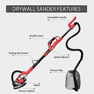 POWER PRO 1850 Electric Drywall Sander - Variable Speed 1000-1850rpm, 750 Watts, with Automatic Vacuum System, LED Light, and Tool Case (1850)