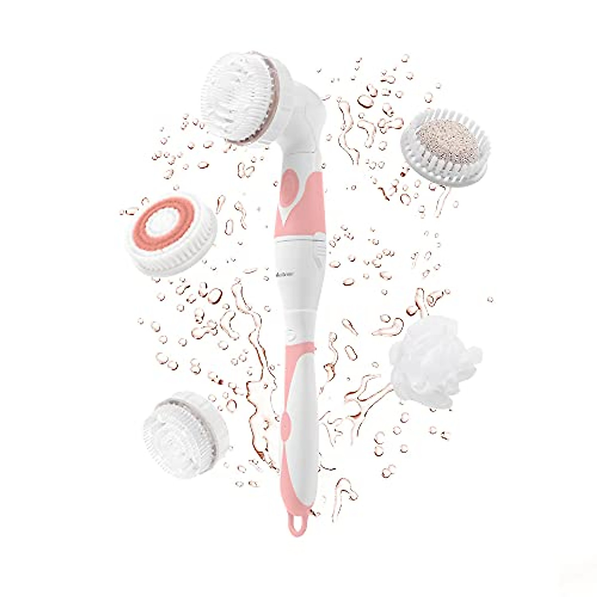 Brookstone 6 Piece Electric Body Bath Brush | Long Handled Body Scrubber and Facial Cleansing Brush | Battery Powered Shower Brush with 4 Spin Brush Heads