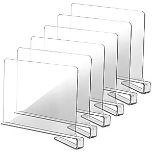 PJ Vital Clear Acrylic Shelf Dividers for Closet Organization Multi-Functional Plastic Divider Wood Shelves, Purse Organizer Cabinet 6 Pack in Kitchen, Bedroom, Bathroom and Office.