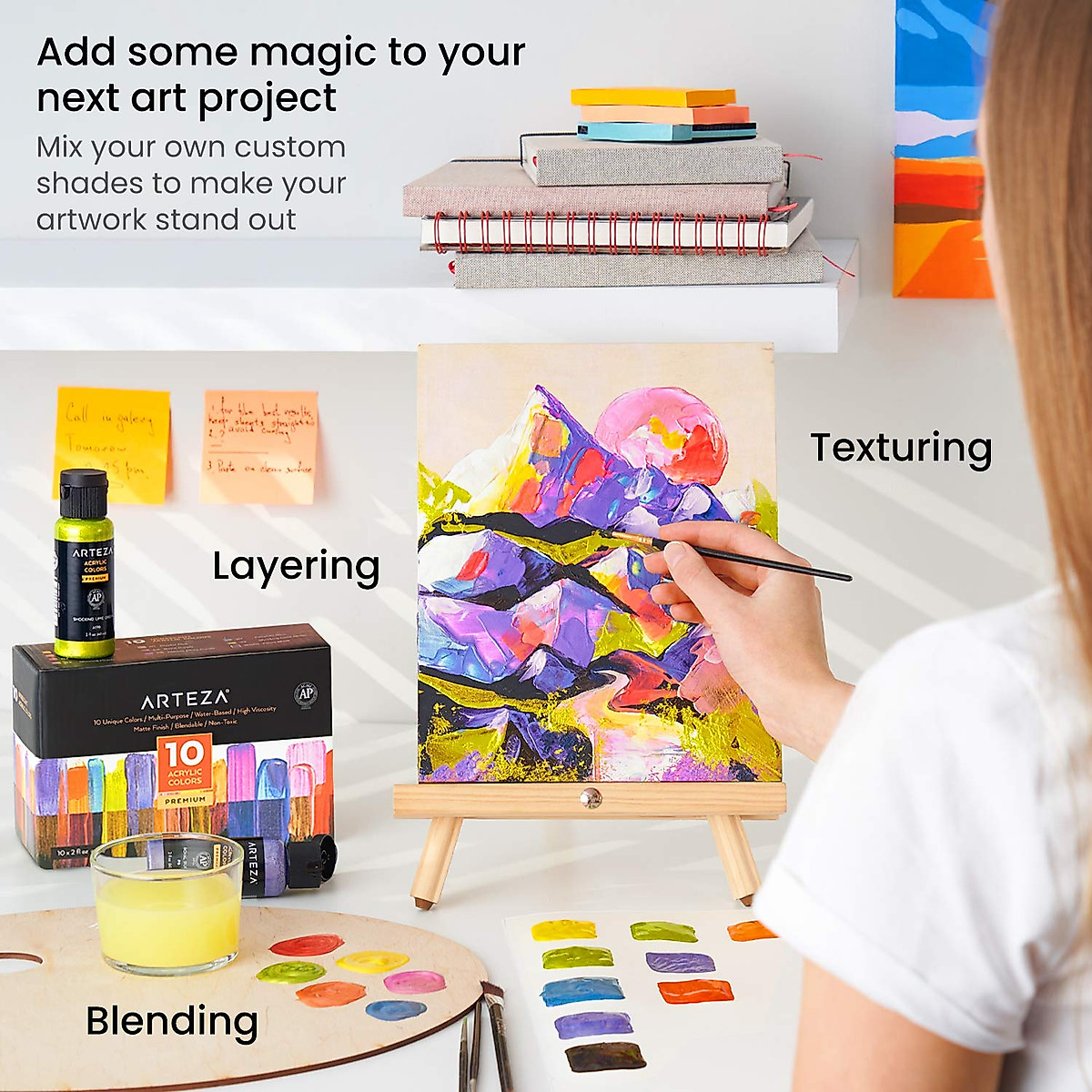 ARTEZA Iridescent Acrylic Paint Set of 10 Chameleon Colors, 2 ounce Bottles, Shimmer Water-Based Paints, Art Supplies for Canvas, Wood, Rocks, Fabrics