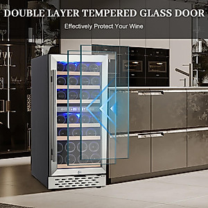 Garvee Wine Fridge, Wine Cooler Dual Zone 28 Bottles with Glass Door, Adjustable Shelves, Digital Temperature Control for Red, White and Champagne, Freestanding/Built-in