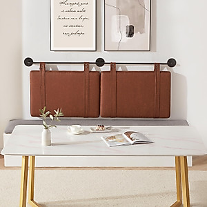 Iroomy Wall Mounted Headboard King with Brown Faux Leather Straps, Faux Leather Upholstered Headboard with Adjustable Heigh Headboard, King Headboard with Metal Bar for Dining Room, Bedroom, Brown