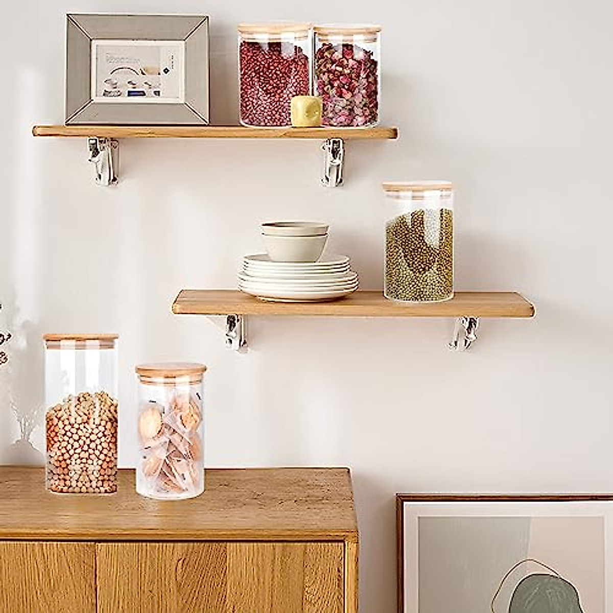 IZEJAZT Glass Jars With Bamboo Lids. 5 Pc Set of Air Tight Sealable Containers. Food Jar Canisters with Airtight Lid for Pantry Storage and Kitchen Organization.