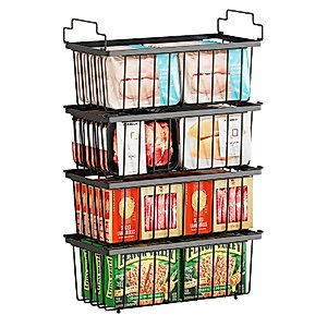 Freezer Organizer Bins (14.6"L x 7.1"W x 5.2"H) - 4 Pack Stackable Chest Freezer Organizer for 7 Cu.FT Deep Freezer Sort Frozen Meats | Deep Freezer Organizer Bins Get Food Easily w/Handle(Black)
