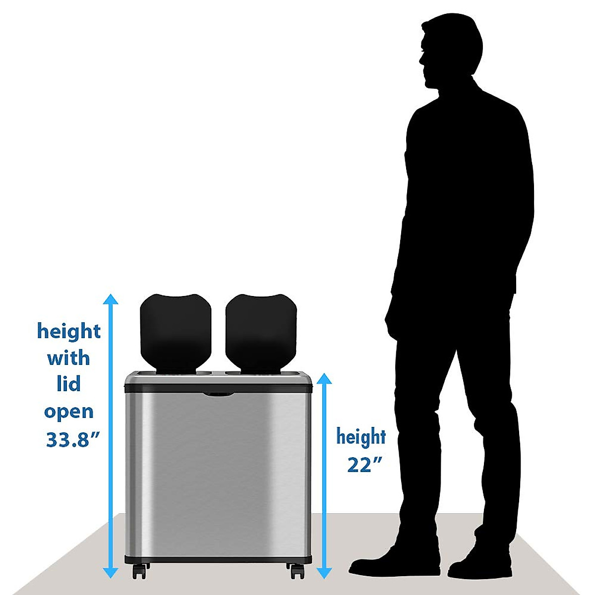 iTouchless 16 Gallon Touchless Sensor Trash Can and Recycle Bin with Wheels, 60 Liter Stainless Steel Dual-Compartment (2 x 8 Gallon) Kitchen Recycling and Garbage Trashcan