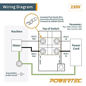POWERTEC 71652 110/220V Single Phase On/Off Switch with Screws for Gang Box Installation, fits Table Saw, Router Table, Drill Press, Bench Saw, Band Saw
