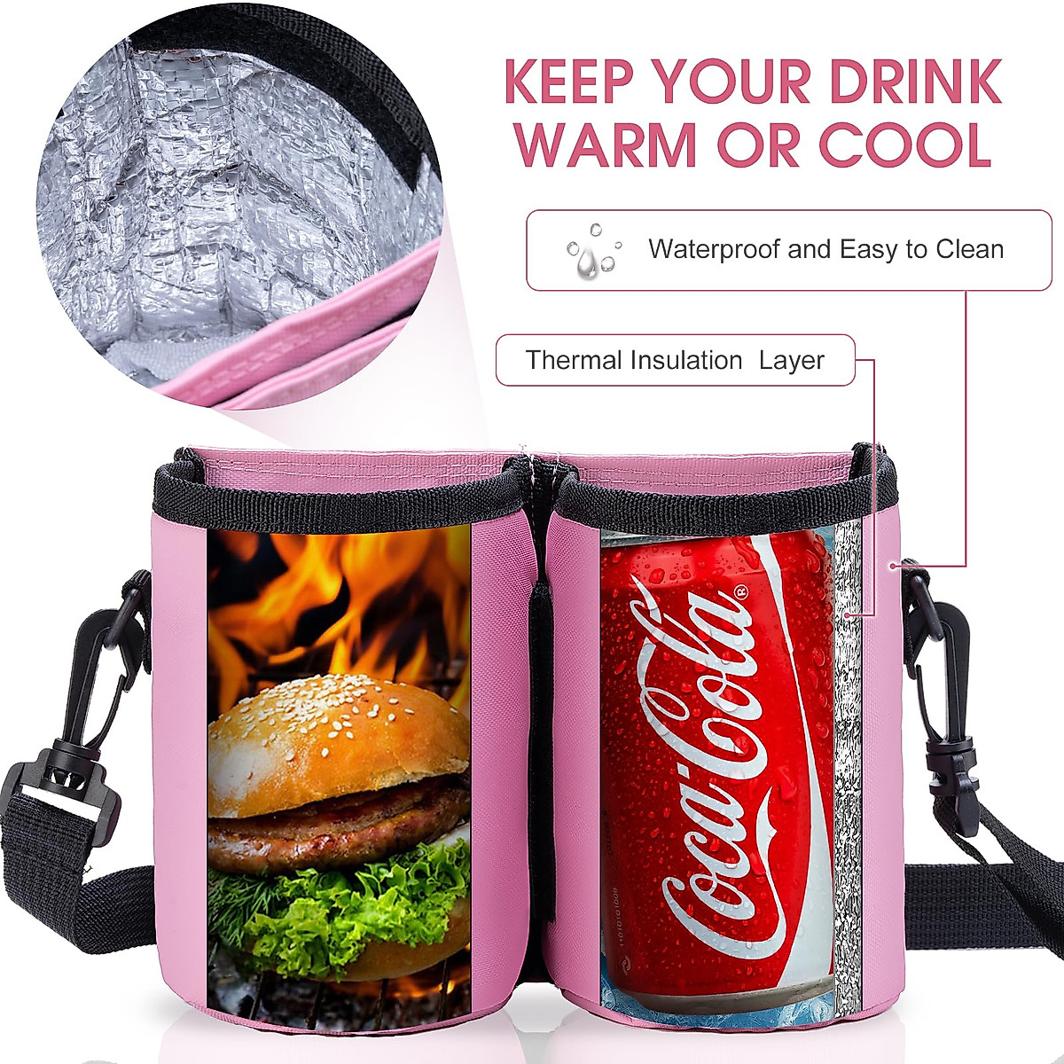 Luggage Cup Holder Travel Drink Bag Luggage Drink Caddy with Shoulder Strap, Thermal Insulation and Zipper Pocket, Travel Accessories Gifts for Flight Attendants, Fits Roll on Suitcase Handles (Pink)