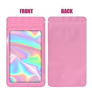 EONJOE 100-pack 3×4 inch mylar bags with clear window holographic resealable sealable packaging zip bag for small bussiness jewelry candy sample food packing supplies （Pink）