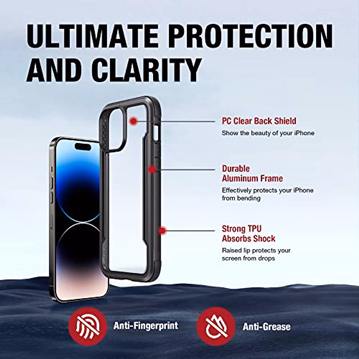 RAPTIC Shield for iPhone 14 Pro Case, Shockproof Protective Clear Case, Military Grade 10ft Drop Tested, Durable Aluminum Frame, Anti-Yellowing Technology Case, 6.1 inch, Black