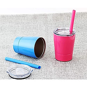 Colorful PoPo Small Cute Kids Cups 2 Pack, Stainless Steel Kid Tumbler with Lid and Straw, Double Wall Vacuum Insulated Toddler Sippy Cups, Children Smoothie Drinking Cup - Pink and Blue
