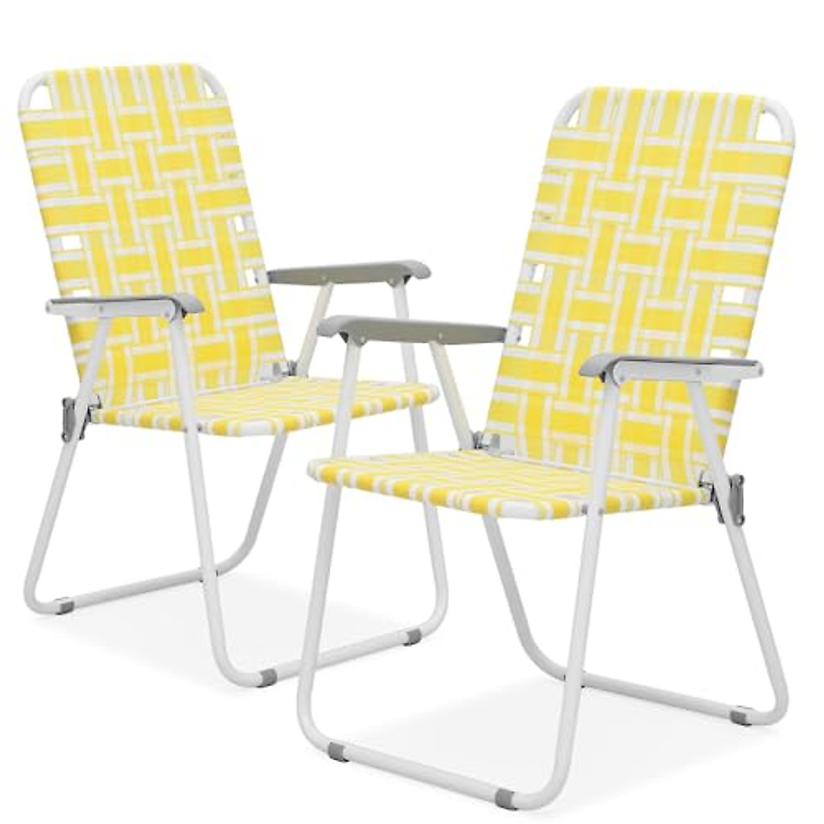 Magshion Folding Webbed Lawn Beach Chair for Adults, Lightweight Steel Frame, Portable Outdoor Camping Chairs for Fishing, Patio, Yard & Garden, Support to 250 lbs (2-Pack, Yellow)