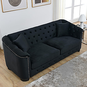 POCIYIHOME 77" Velvet Chesterfield, Deep Button Tufted 3 Seater Sofa Couch with Upholstered Backrests and Nailhead Trim Arms for Living Room, Recliner Loveseat Folding Daybed, 2 Pillows (Black)