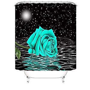 Taysta 4Pc Teal Rose Flower Under Moon Black Romantic Starry Night Sky Shower Curtain Sets Non-Slip Rug, Toilet Lid Cover, Bath Mat, Bathroom Decor Curtains with 12 HooksWaterproof Fabric