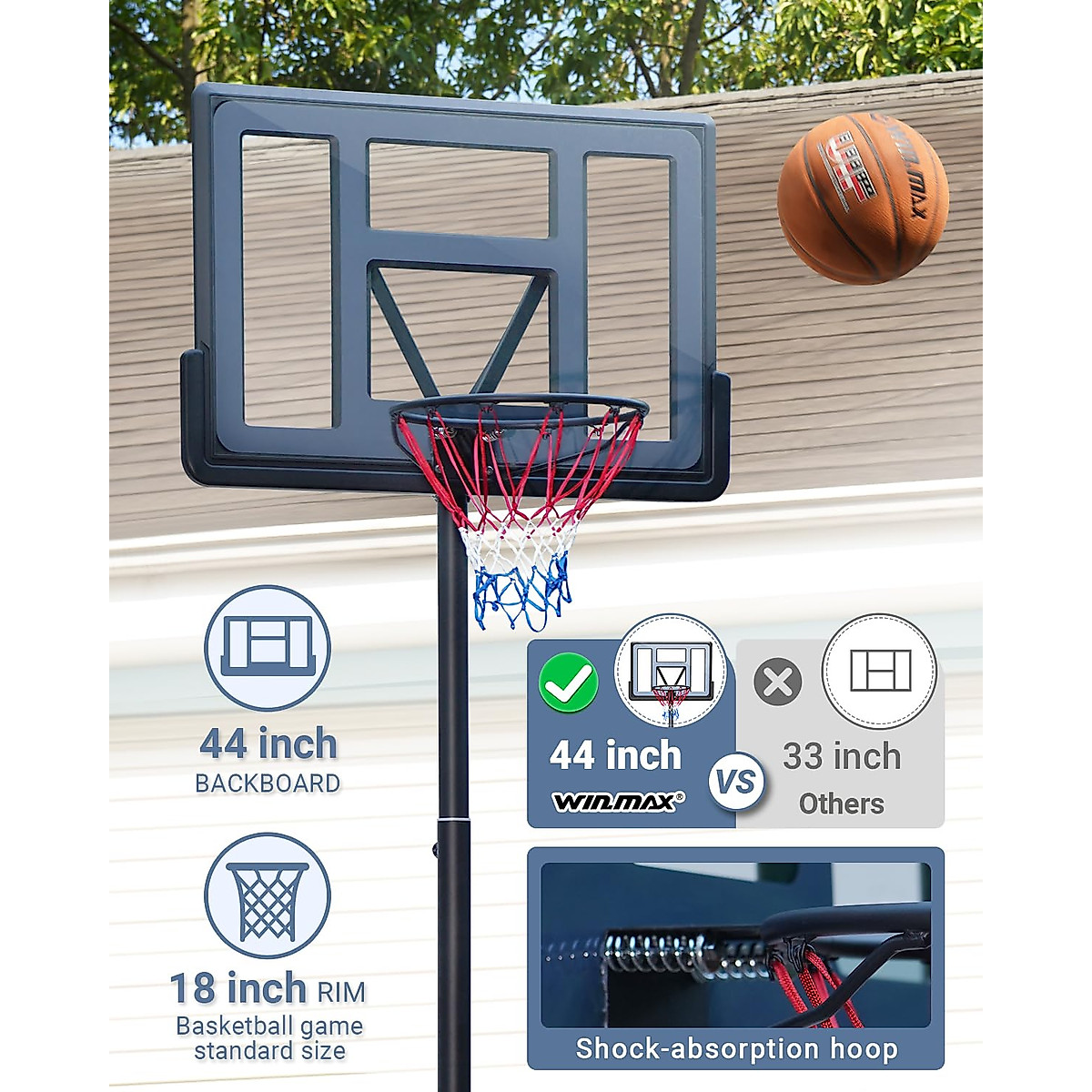 WIN.MAX Basketball Hoop Outdoor 3.8-10ft Adjustable Height, 44inch Backboard, Swimming Pool Basketball Hoop & Goal for Kids/Adults Indoor