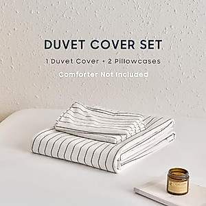 Wake In Cloud - Striped Cotton Duvet Cover Set, Ticking Stripe Vertical Pinstripe Farmhouse, 100% Washed Cotton Textured Percale Bedding Set, 3 Pieces, White, King Size