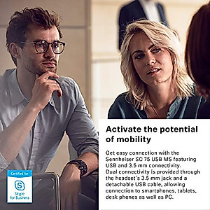 Sennheiser SC 75 USB MS (507086) - Double-Sided Business Headset | For Skype for Business, with Mobile Phone, Tablet, Softphone, and PC | HD Sound & Noise-Cancelling Microphone (Black)