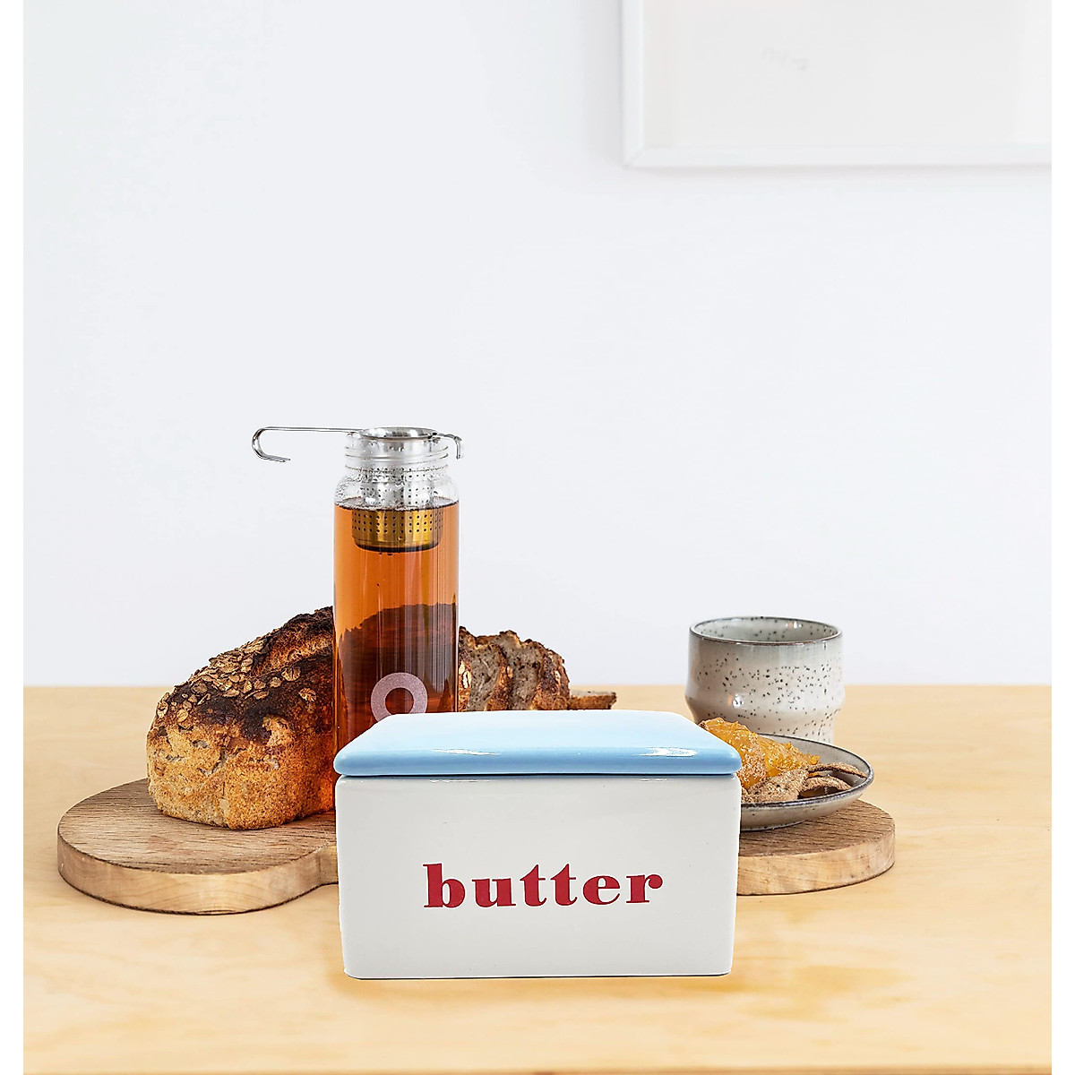 First of a Kind Ceramic Butter Box, Red, White & Blue - Vintage Butter Keeper Dish with Lid - Farmhouse Kitchen Decor - Butter Storage Container for Refrigerator - Butter Holder Container Box