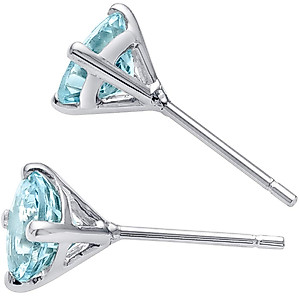 Peora Solid 14K White Gold Aquamarine Stud Earrings for Women, Natural Gemstone Birthstone Classic Solitaire Round Shape, 6mm, 1.50 Carats total, Friction Back