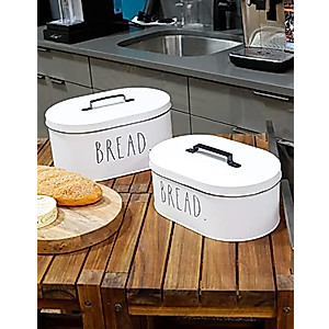 Rae Dunn Bread Box - Bread Box for Kitchen Countertop - 13.5" x 5.5" x 8.5" - Rustic White Metal Vintage Farmhouse Breadbox - Counter Storage Container for Fresh Homemade Loaf, Bagels, Cookies