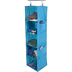 Amborido 5 Shelf Hanging Closet Organizer 7 Division Foldable Hanging Shelves 4 Side Pockets Non Woven Fabric Lake Blue