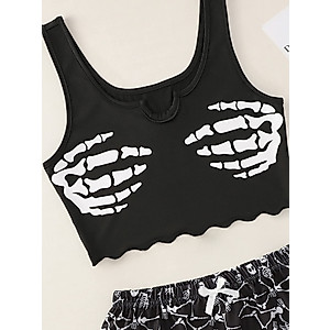 WDIRARA Women's Sleepwear Cartoon Skull Print Pajama Set Cami and Shorts Black Scallop S