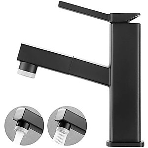KAIYING Pull Down Bathroom Sink Faucet, Modern Lavatory Vessel Sink Faucet, Utility Single Hole Bathroom Sink Faucet with Pull Out Sprayer, Commercial Basin Mixer Tap (Regular, Black)