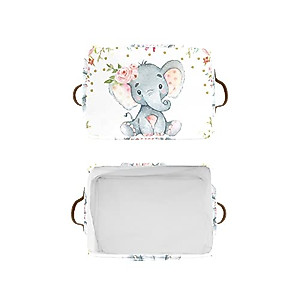 Deven Chic Pink Flower Elephant Personalized Large Storage Baskets for Organizing Shelves with Handle,Closet Decorative Storage Bins for Toy, Bathroom,Nursery,Home 1 Pack
