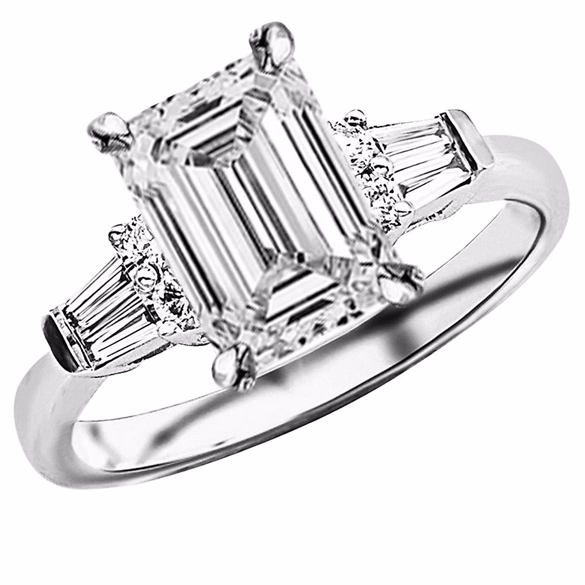 Houston Diamond District 14K White Gold 2 Carat LAB GROWN DIAMOND Prong Set Round And Baguette Emerald Cut Diamond Engagement Ring (G-H Color VS1-VS2 Clarity 1.5 Ct Center),size:6.5