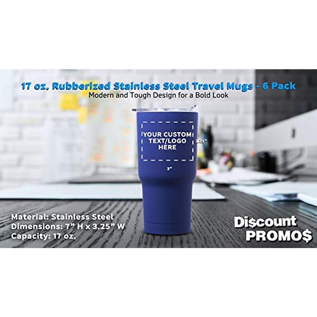 Personalized 17 oz. Rubberized Stainless Steel Travel Mugs - 6 Pack - Custom Text, Logo - Blue