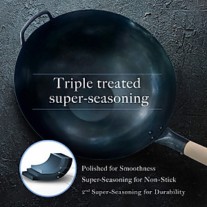 Mammafong Pre Seasoned Blue Carbon Steel Flat Bottom Wok -14 Inch Chinese Pow Wok - Traditionally Hand Hammered Woks and Stir Fry Pans…