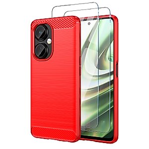 Jusy Case for Oneplus Nord N30 5G with [2*HD Tempered Glass Screen Protector], Enhanced Grip Light Shockproof Flexible TPU Rubber Protective Cover for 1+ Nord N30 5G (Red)