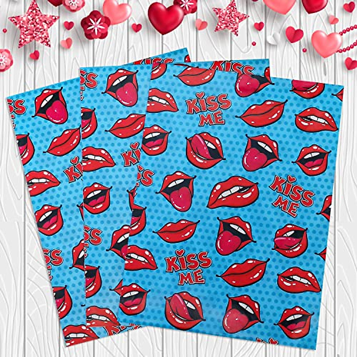 CAMKUZON Reversible Wrapping Paper for Valentine's Day, Birthday, Wedding, Holiday - 3 Large Sheets Red Lip with KISS ME and Heart Design Gift Wrap - 27 Inch X 39.4 Inch Per Sheet