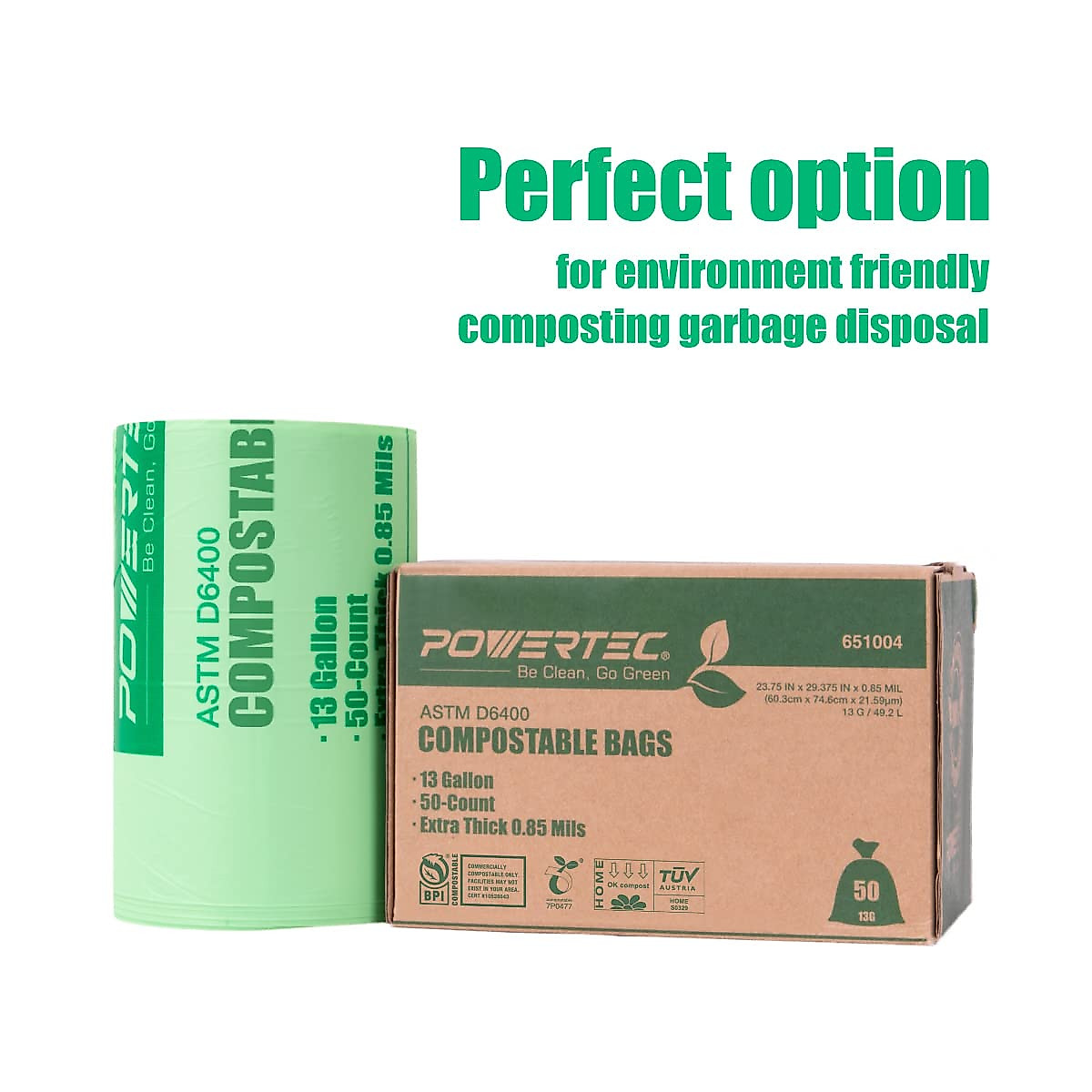 POWERTEC Compostable Bags, 13 Gallon (49.2 Liter), 50 Count, Extra Thick 0.85 Mil Kitchen Scrap Waste Bag, ASTM D6400 US BPI & European OK Compost Home Certified, Biodegradable Yard Waste Trash Bag