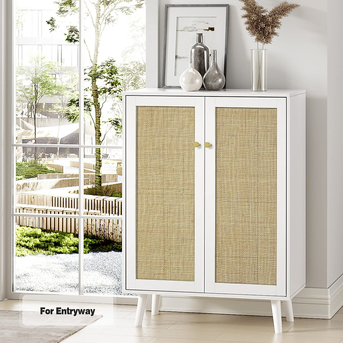 Anmytek Rattan Cabinet, 44" H Tall Sideboard Storage Cabinet with Crafted Rattan Front, Entryway Shoe Cabinet Wood 2 Door Accent Cabinet with Adjustable Shelves White, H0086