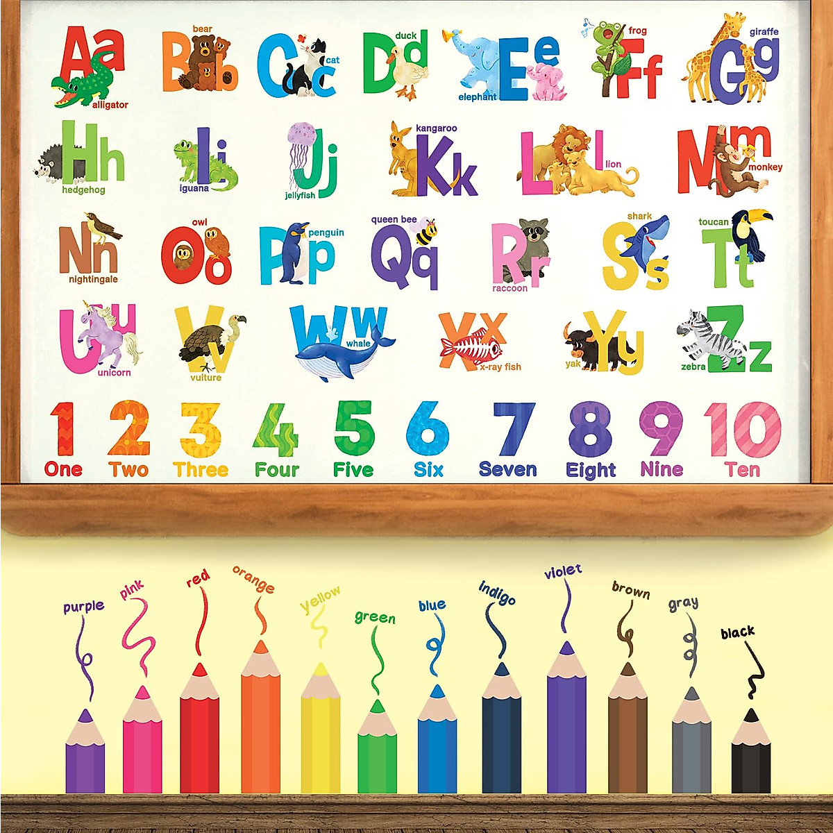 DECOWALL SG3-2316 Alphabet Numbers and Colouring Pencils Wall Stickers Decals Classroom Kids playroom Art Play Room Rainbow ABC Decorations Toddler Color Child Preschool Living Baby Girl Baby boy