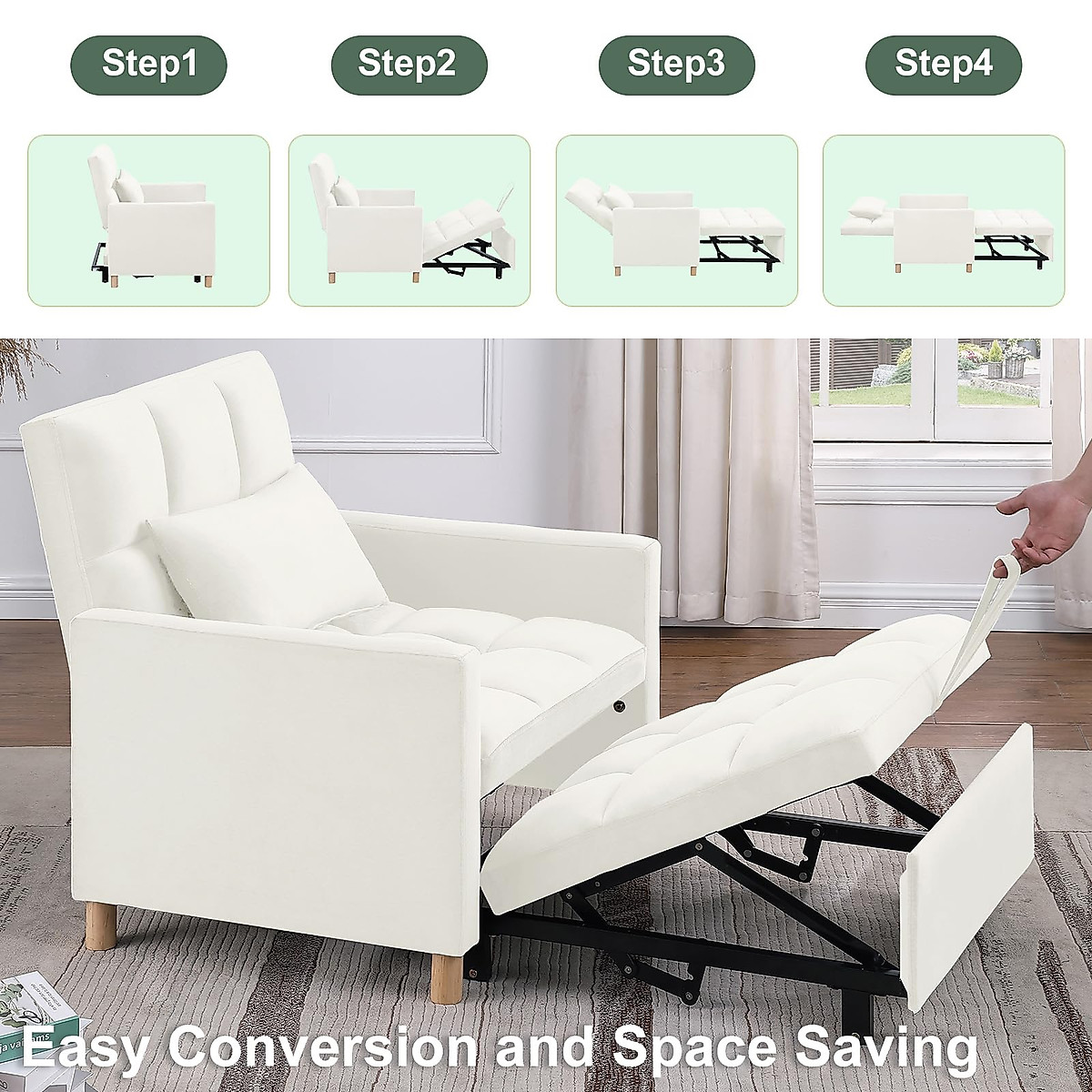 HANLIVES 3-in-1 Single Convertible Chair Bed,Sleeper Sofa Chair Bed with Pillow,Multi-Functional Sleeper Chair with Adjustable Backrest,pullout Sofa Bed with Velvet Fabric for Apartment(White)