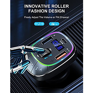 RIWUSI Bluetooth Car Adapter, [PD 30W+QC 3.0] [Stronger Dual Mic & Bass Boost] Bluetooth 5.0 FM Transmitter for Car, Hands-Free Music Player/Car Kit with Stunning 8 Colors Backlit & U Disk