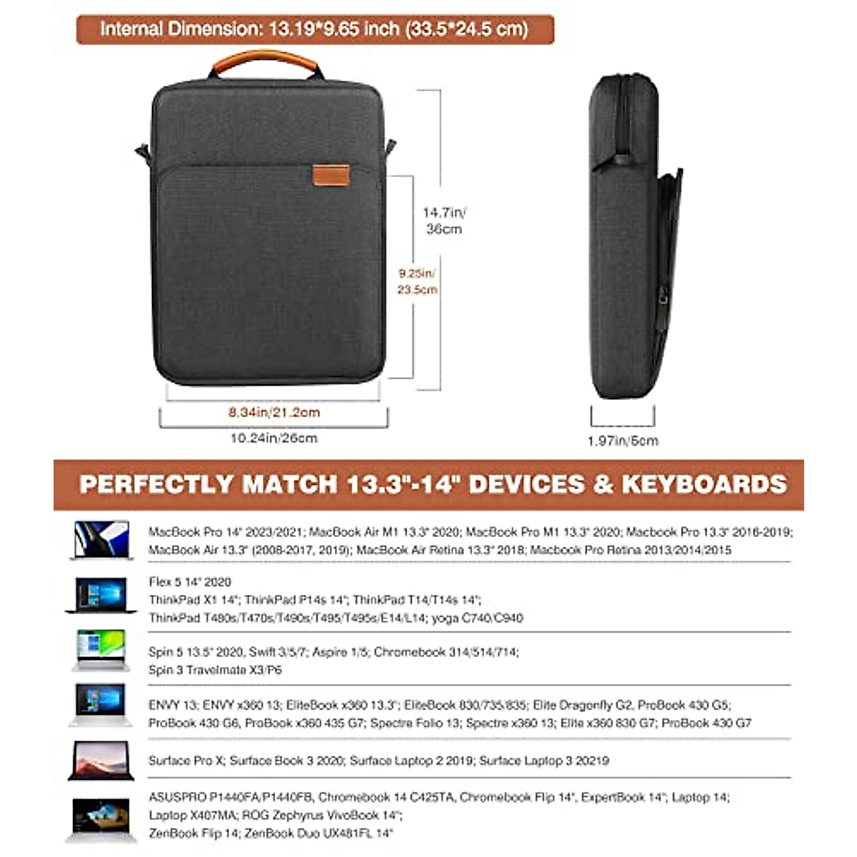 MoKo 13.3-14 Inch Laptop Sleeve Bag Fits MacBook Pro 13" M2 2022/Pro M1 Pro/M1 Max 14.2 2021, MacBook Air 13.6" M2 2022, Tab S8 Ultra 14.6", Handle Carrying Case with Shoulder Strap, Black & Gray