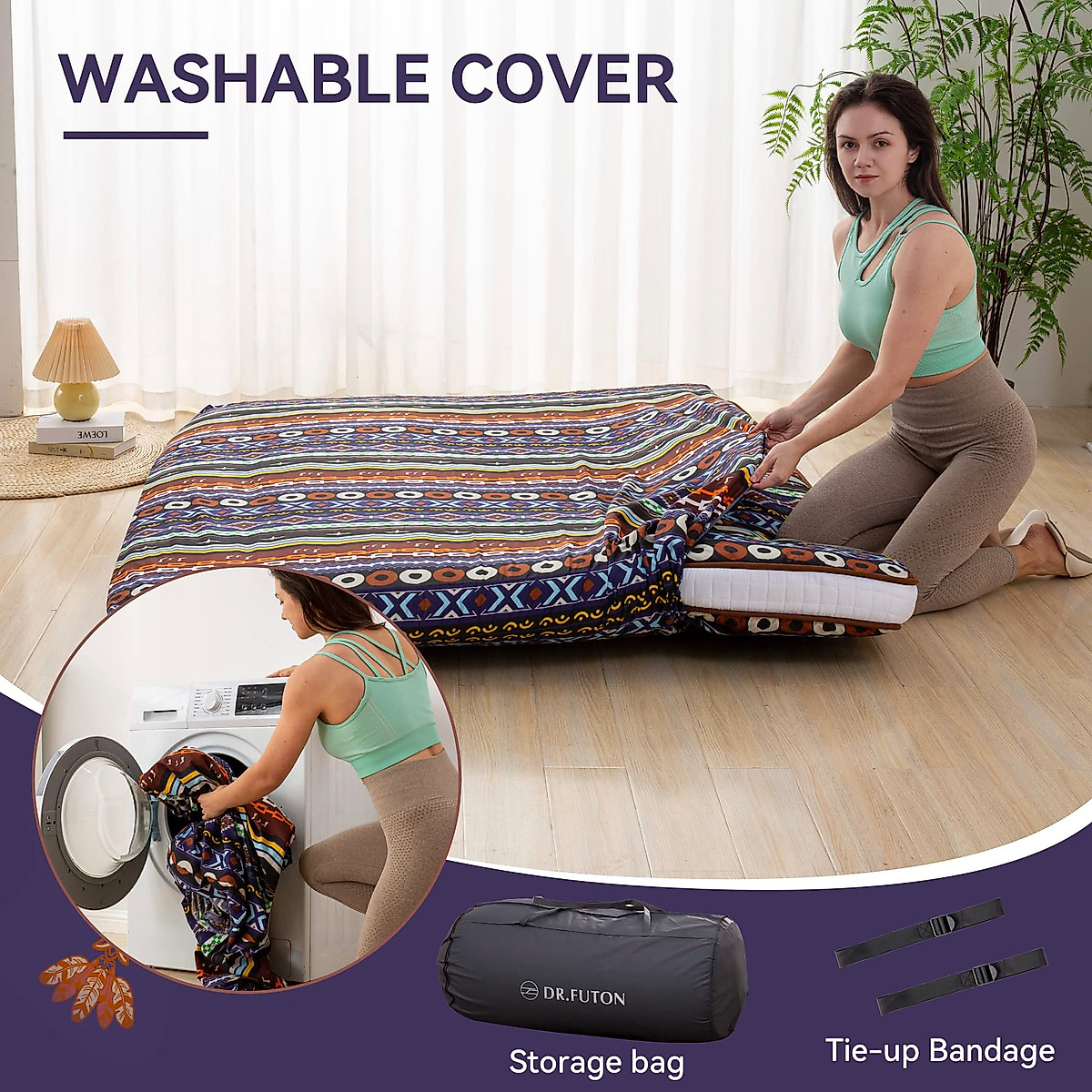 Dr.Futon Japanese Floor Futon Mattress Extra Thick Folding Roll Up Bed Topper Mat for Guest,Lounger and Tavel