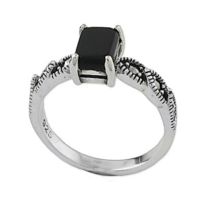 NOVICA Artisan Handmade Onyx Cocktail Ring Sterling Silver Starry Midnight Black Marcasite Grey Thailand Gemstone Birthstone [ring Front 0.3 in L x 0.2 in W Band Width 4 mm W] ' Starry Midnight'