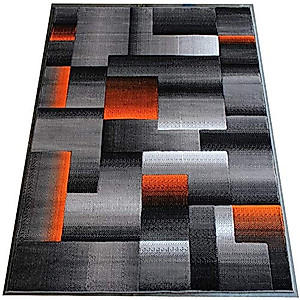 Champion Rugs Modern Geometric Abstract Boxes Squares Orange Grey Black Carpet Bedroom Living Room Contemporary Dining Accent (5’ 3” X 7’ 5”)