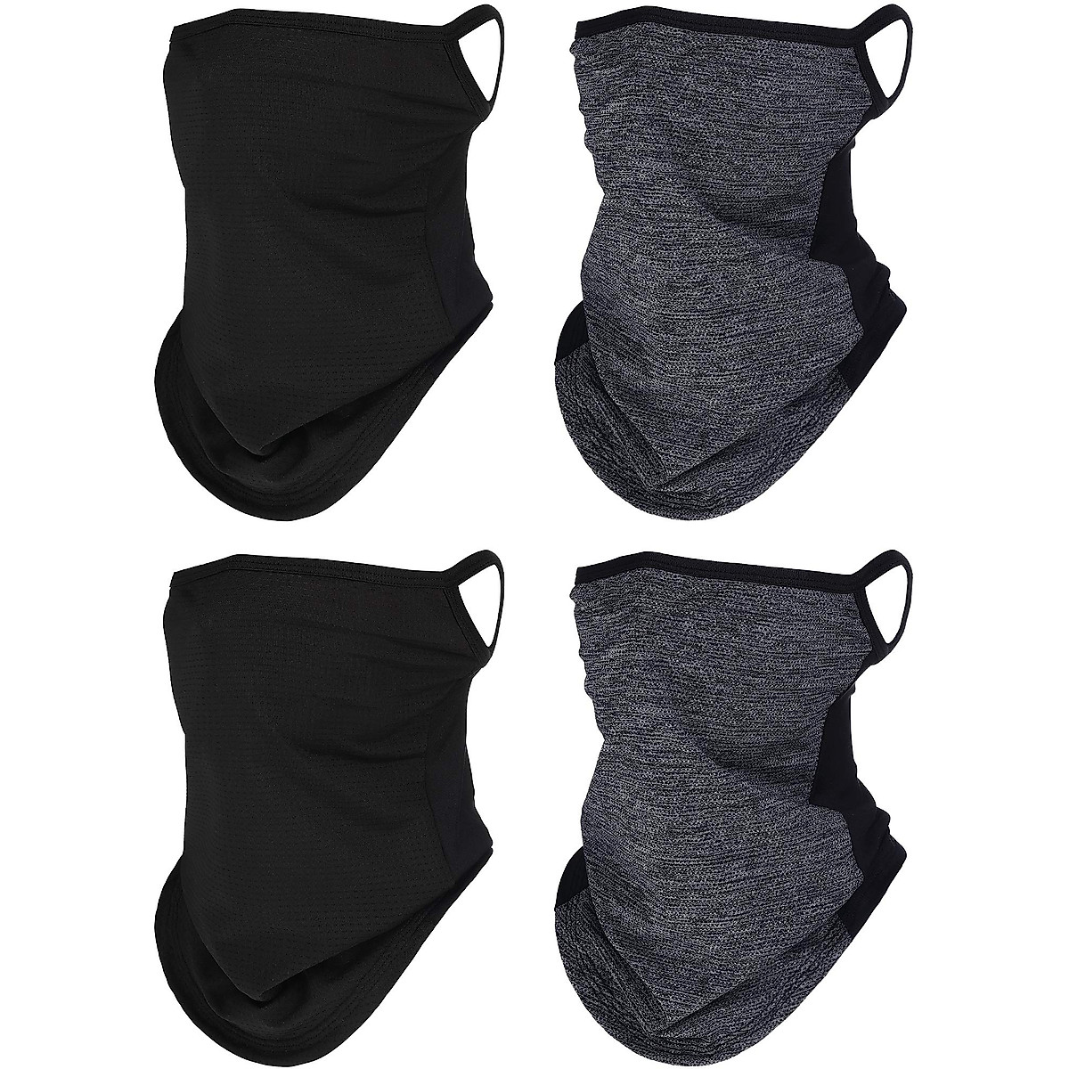 4 Pieces Neck Gaiter Bandana Face Mask with Ear Loops Face Covers Neck Scarf Mask Dust UV Sun Protection for Men Women(Black, Grey and Black)