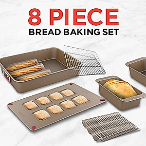 Elbee Home 8-Piece Nonstick Space Saving Bread Baking Pan Set - Includes Large Roasting Pan - Bread Loaf Pan - Baguette Pan - Cooling Rack - 8-Cavity Mini Loaf Pan Aluminized Steel - PFOA & PFOS Free