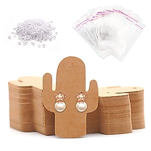 Lesnala 300 Pcs Cactus Earring Display Card,with 300 Self-Seal Bags and 300 Set Earring Backs for DIY Ear Studs and Jewelry Display in Store and Jewelry Boxes…