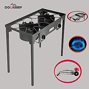 COOKAMP High Pressure Double Propane Burner Outdoor Camping Stove with 0-20 PSI Adjustable Regulator and Steel Braided Hose SA2500