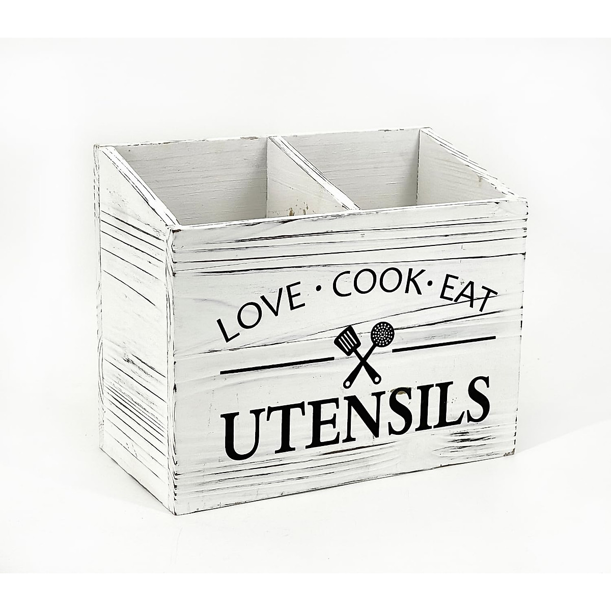 GIFTAYA Wood Utensil Holder for Kitchen Countertop | Farmhouse Kitchen Decor for Flatware | Utensil Caddy with 2 Compartments | Rustic Utensil Organizer for Kitchen (2 Compartments)