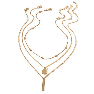 GORGLITTER Women's 3 Piece Round and Bar Pendant Layered Necklace Dainty Chain Choker Necklaces Yellow Gold One Size